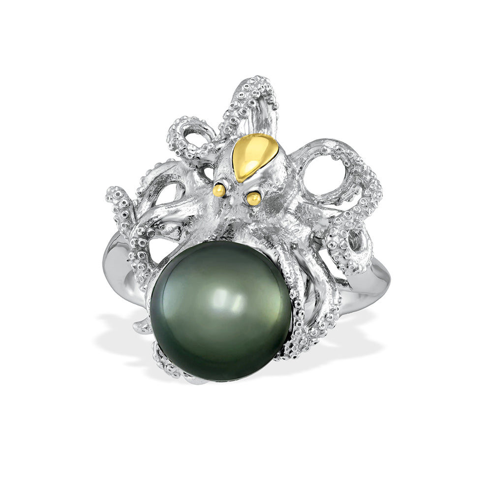 Octopus Ring – 14K Yellow Gold, Sterling Silver & Tahitian Pearl – Na Hoku